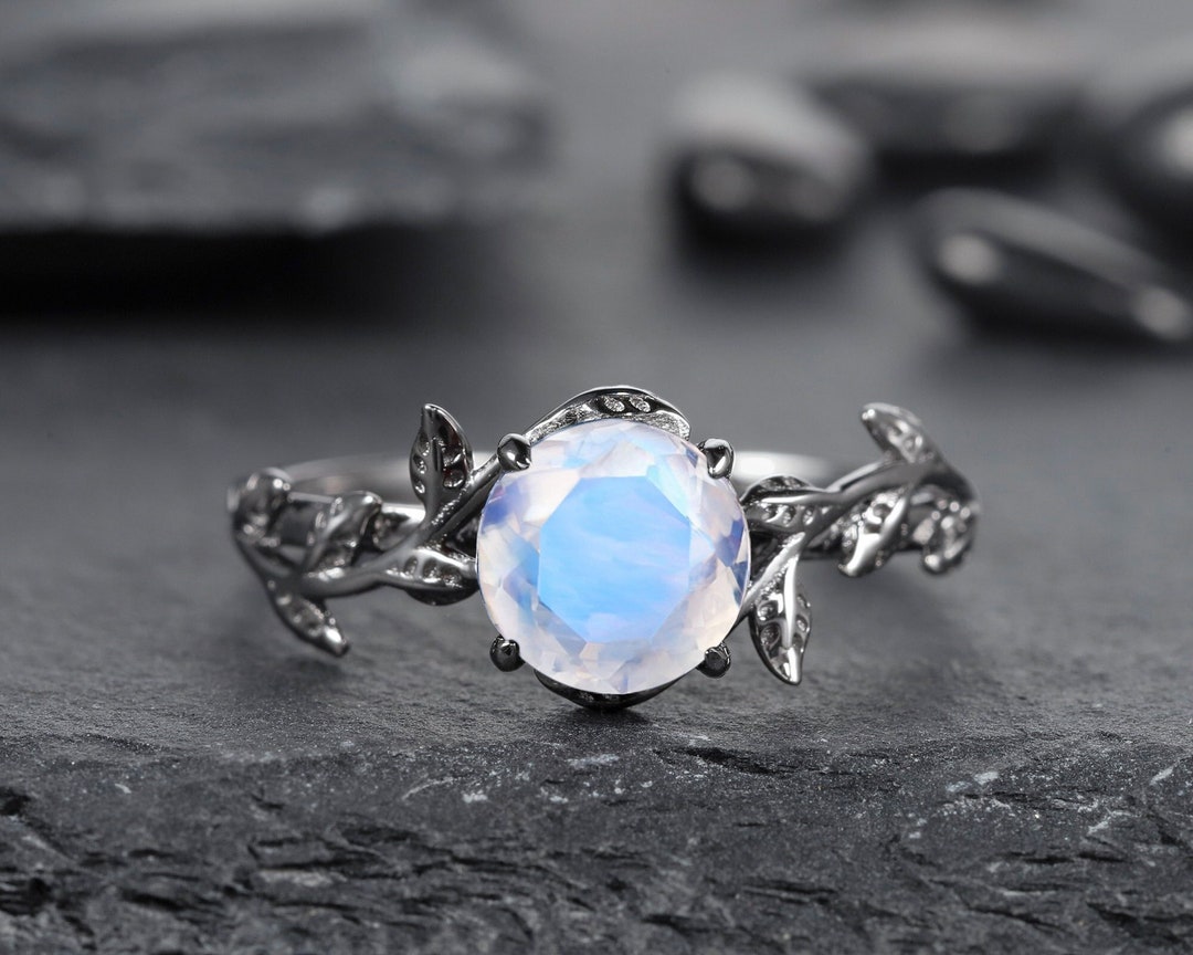 Black Gold Finish Round Moonstone Solitaire Ring, Rhodium Black Vermeil ...