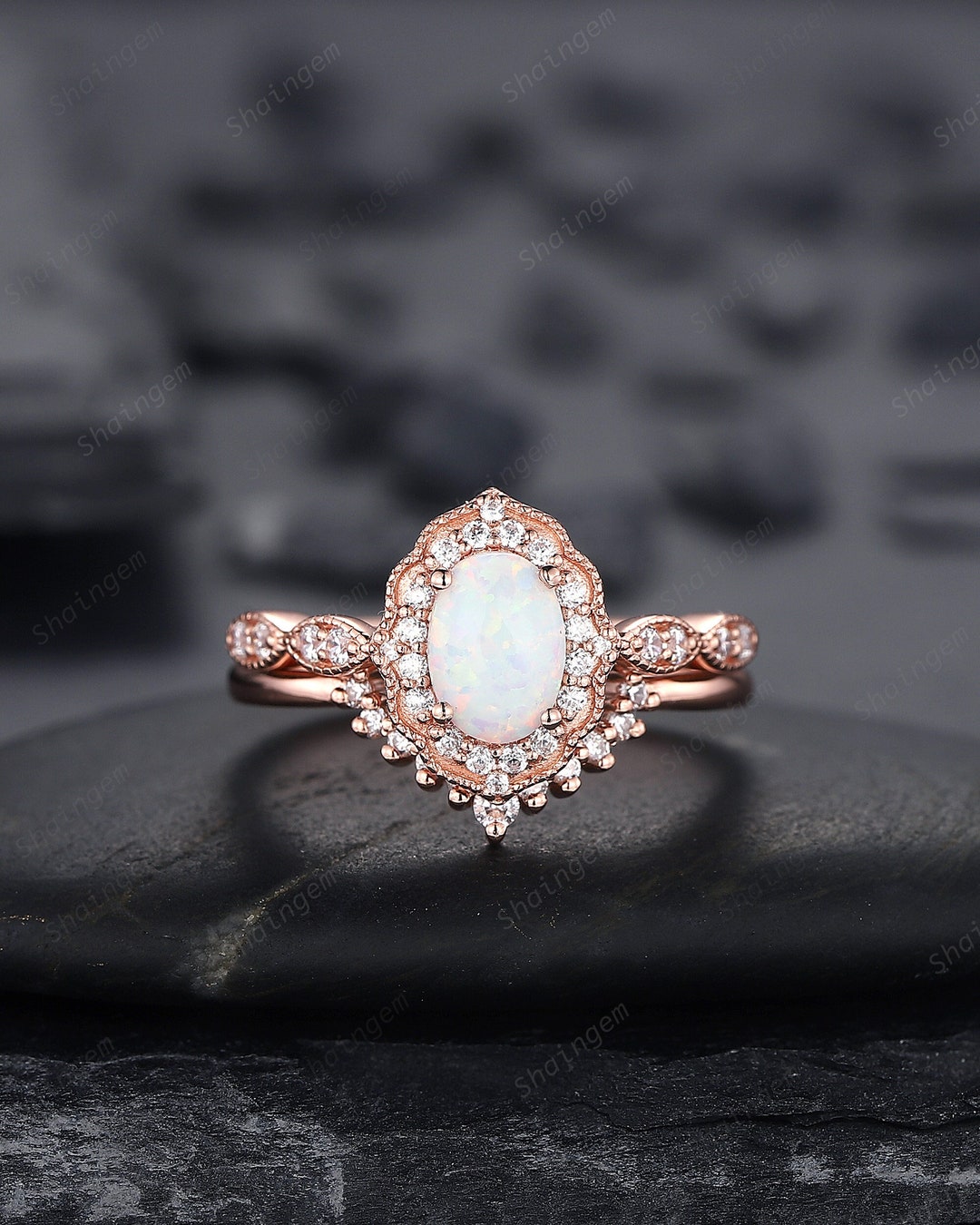 Vintage Oval Shape White Fire Opal and Diamond Engagement Ring Set, 14K ...
