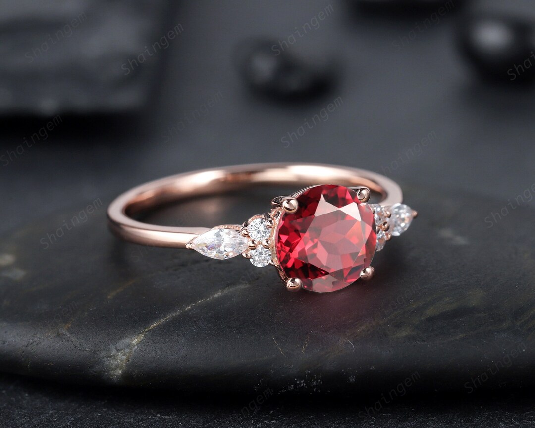 Unique Round Cut Garnet Engagement Ring, Vintage 14K Rose Gold Garnet ...