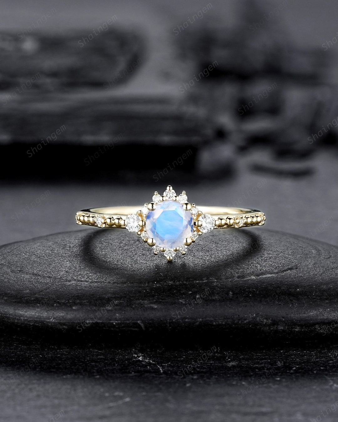 Dainty Natural Moonstone Engagement Ring, Unique Yellow Gold Round Cut ...