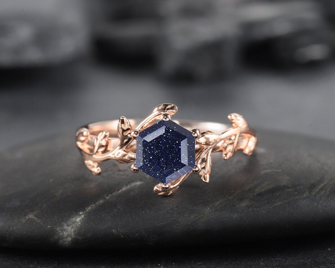 Vintage Hexagon Blue Sandstone Ring, Leaf Star Blue Sandstone ...