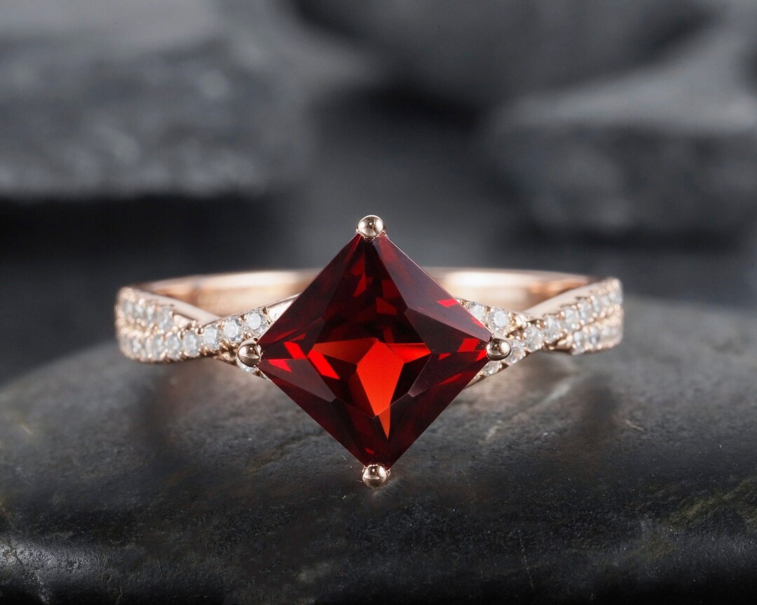 Princess Cut Garnet Diamond Engagement Ring Vintage January Birthstone ...