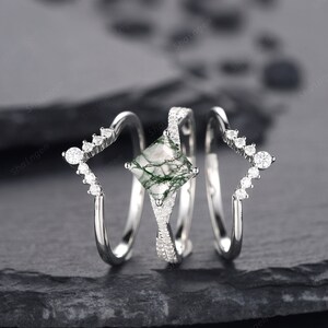 3PCS Princess Cut Moss Agate Engagement Ring, Platinum Moss Agate ...