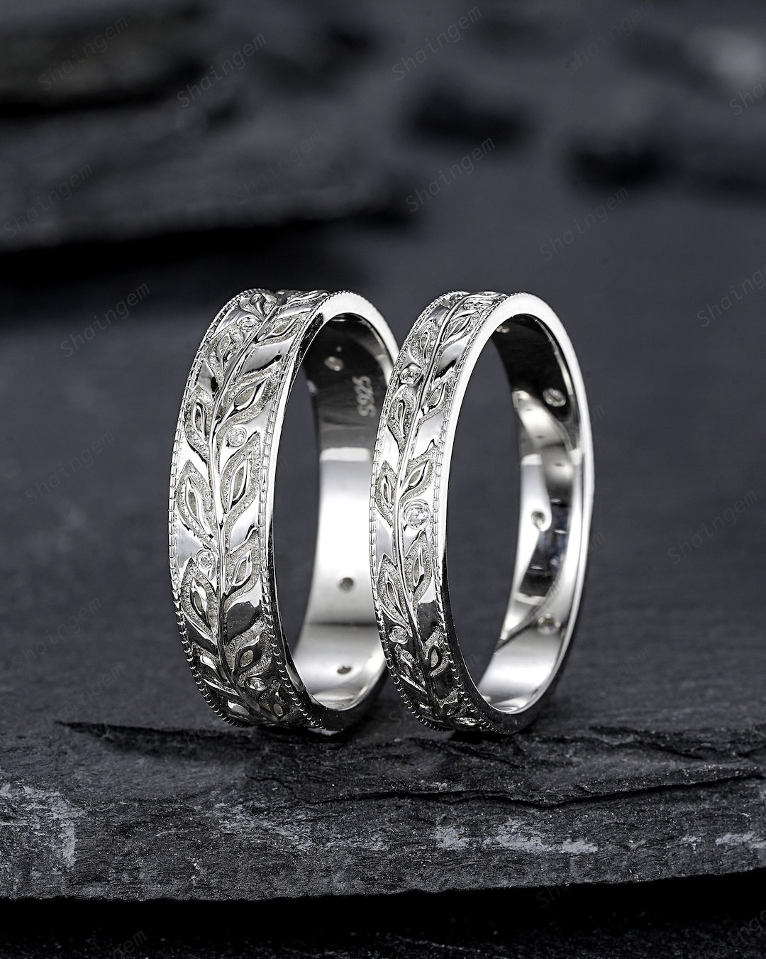 Full Eternity Leaf His and Hers Couple Ring Set, White Gold Wedding ...