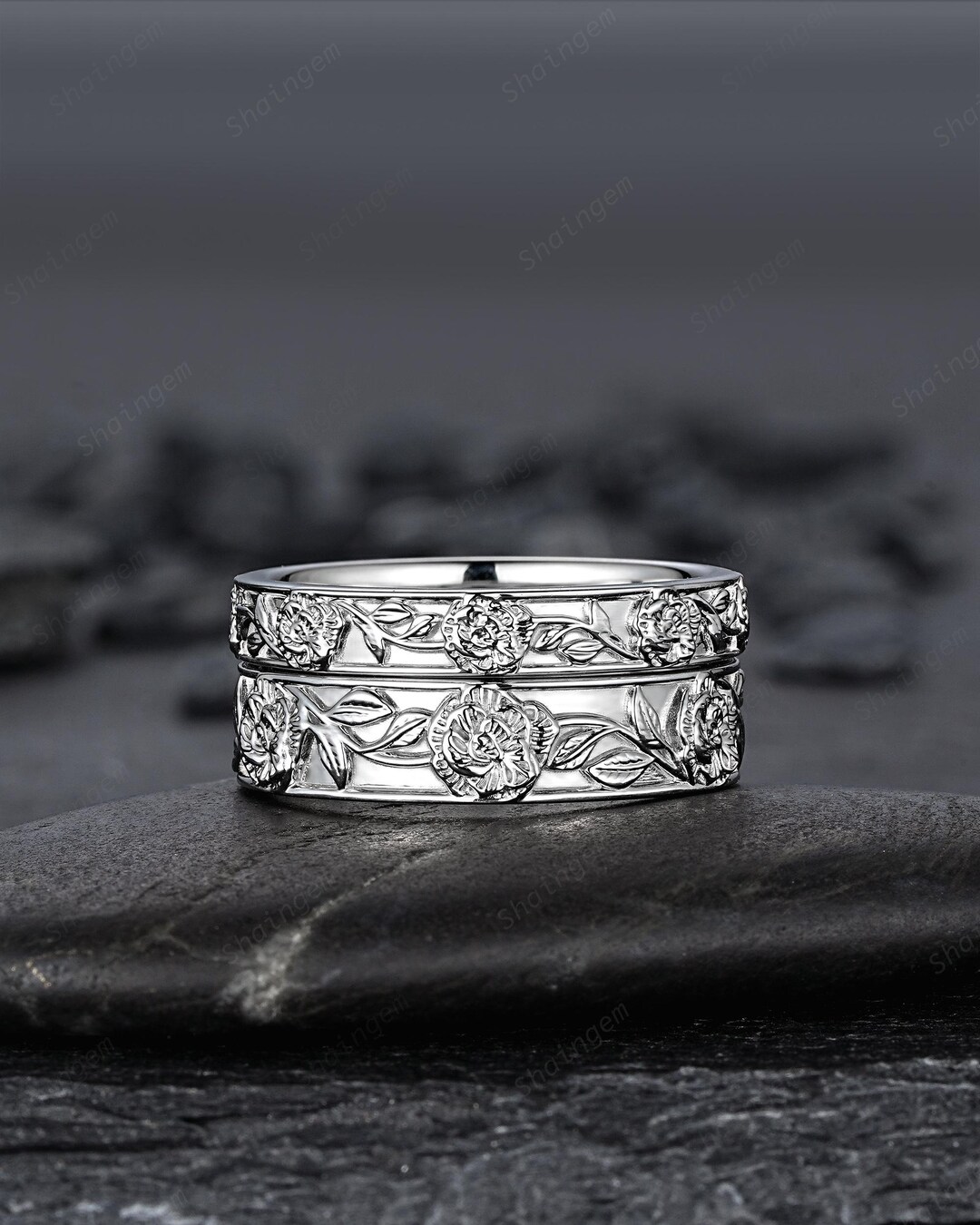His and Hers Full Eternity Carnation January Birth Flower Couple Ring ...