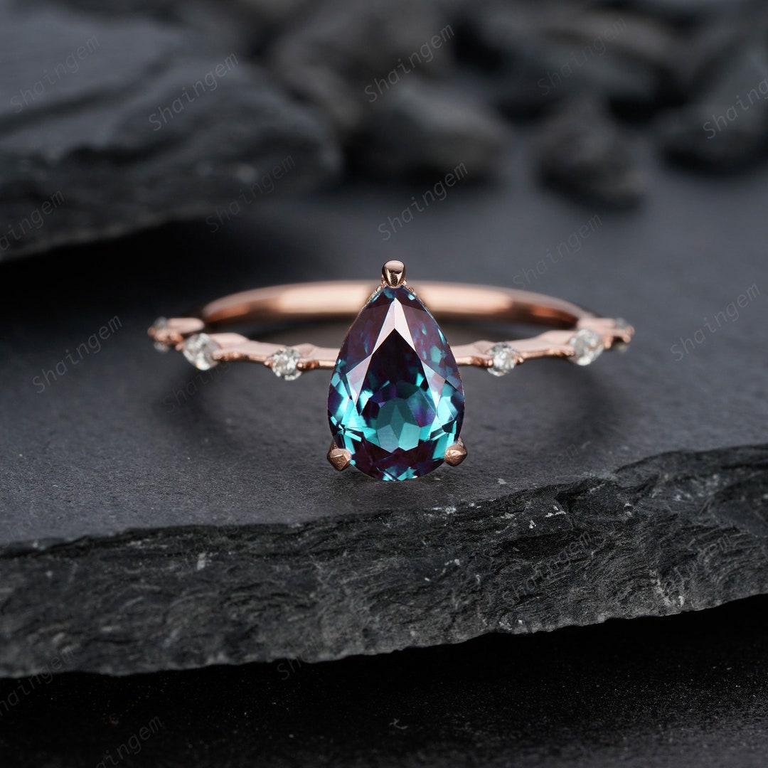 Pear Alexandrite Engagement Ring 14K Rose Gold Silver Teardrop ...