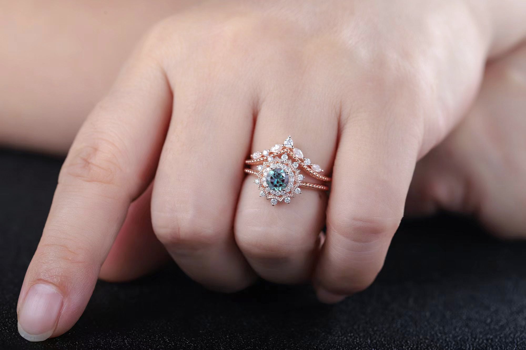 Vintage Cluster Alexandrite Bridal Set round Alexandrite 14K - Etsy