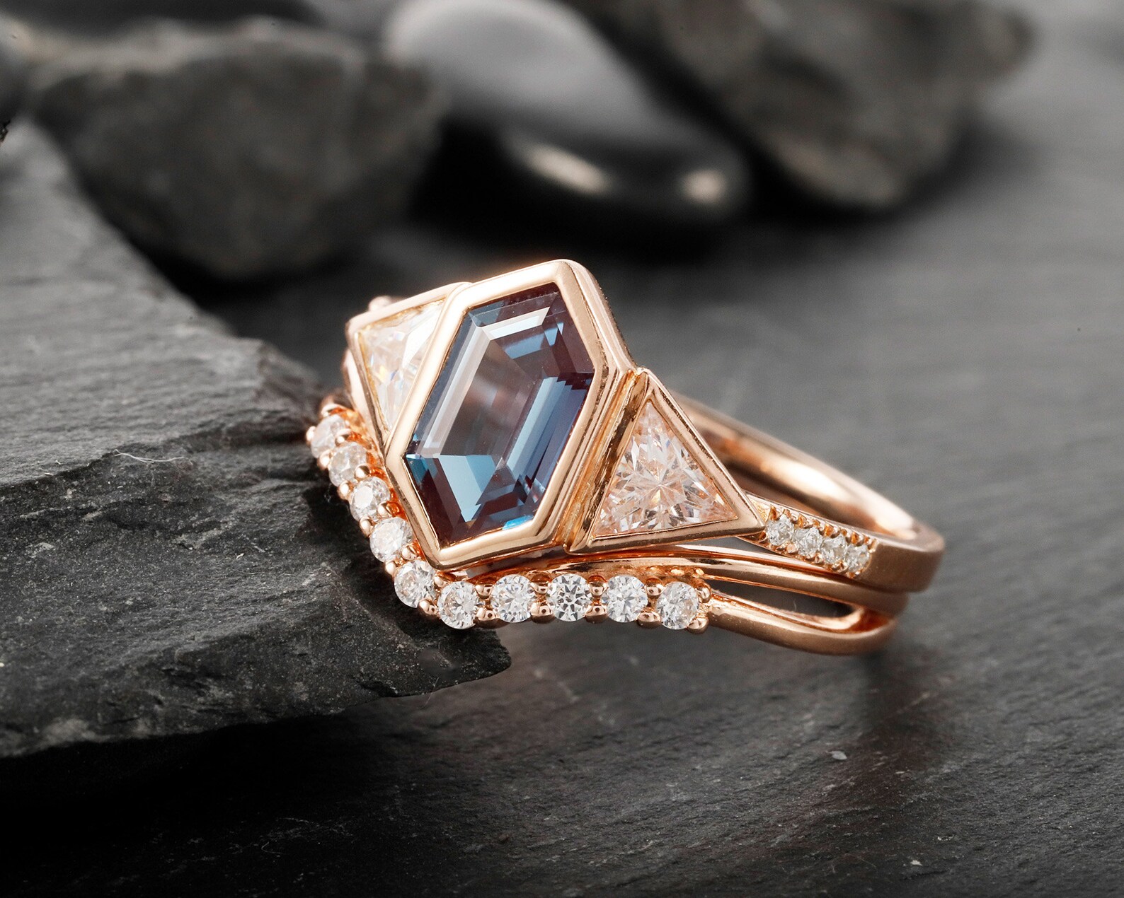 Vintage Long Hexagon Alexandrite Ring Set, Unique 14K Gold Alexandrite ...