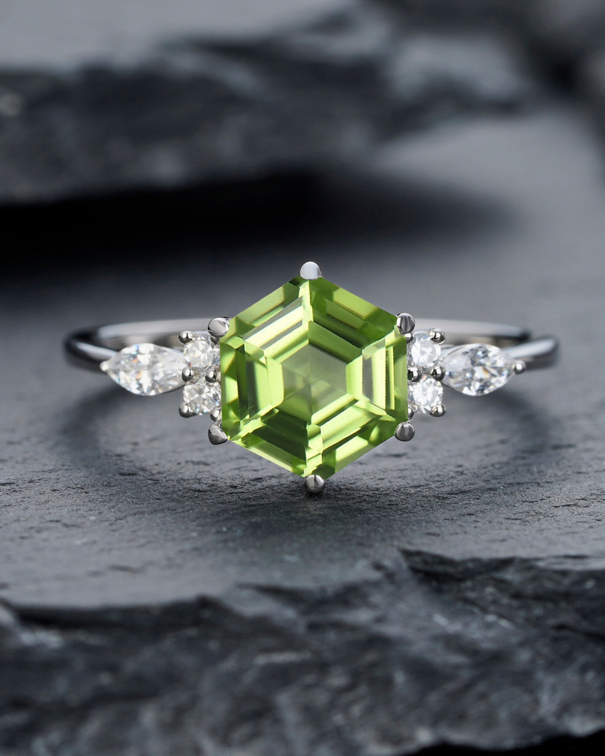 Vintage Hexagon Cut Natural Peridot Engagement Ring Unique - Etsy