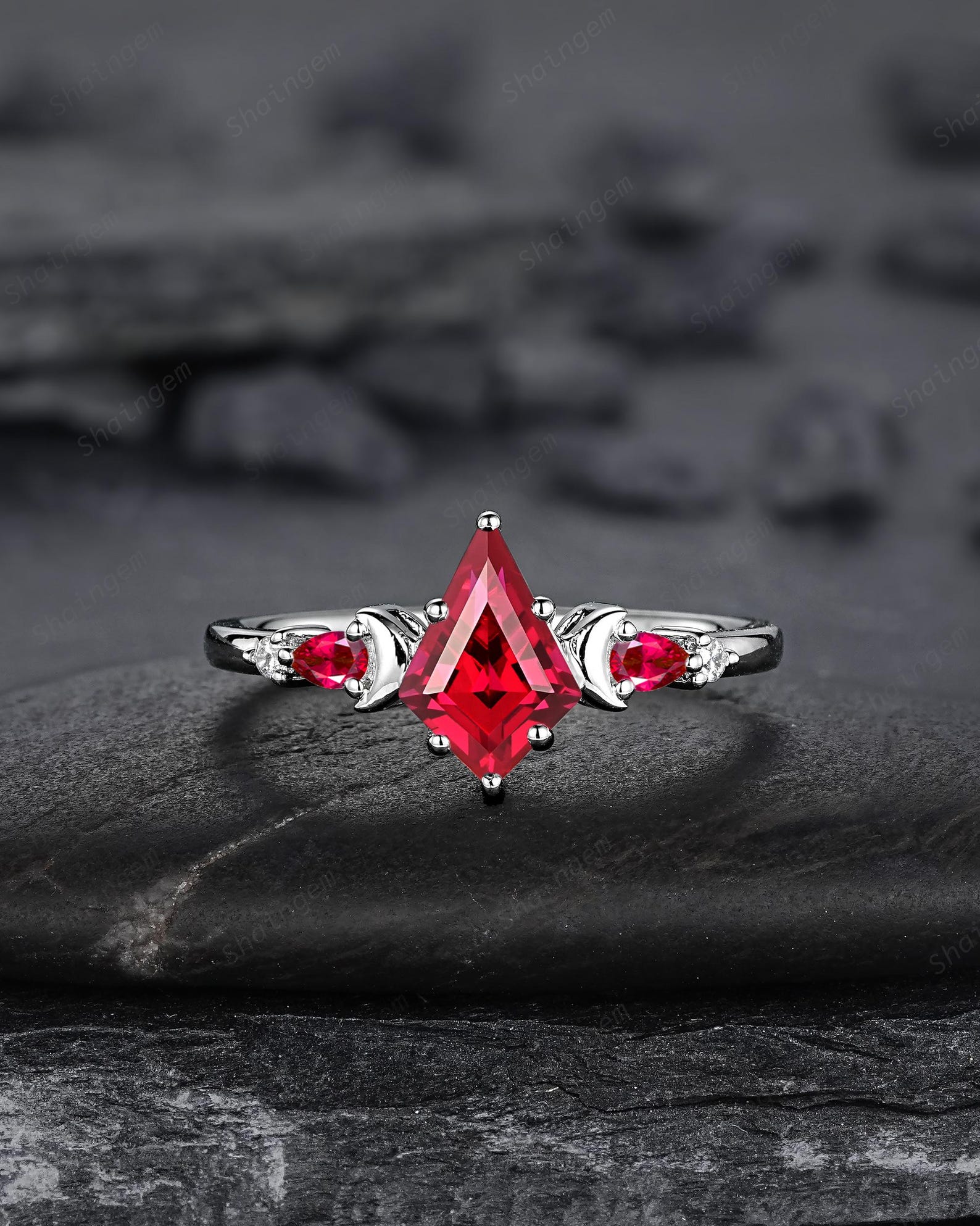 Platinum Kite Cut Ruby and Diamond Engagement Ring Set, Unique White ...