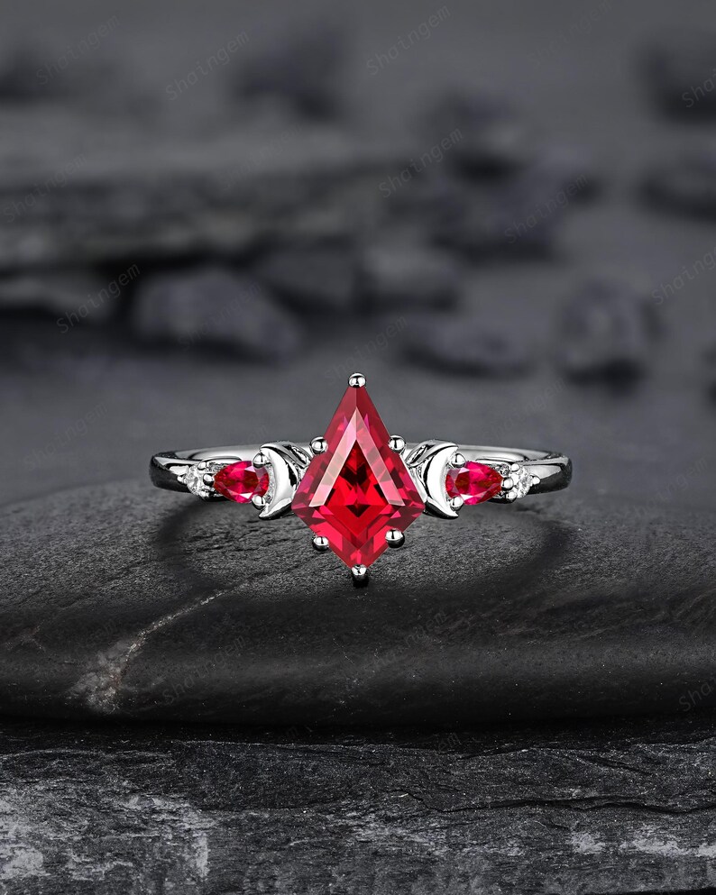 Platinum Kite Cut Ruby and Diamond Engagement Ring Set, Unique White ...