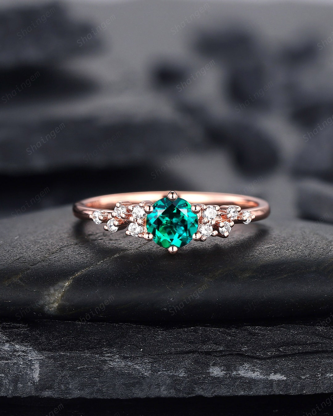 Round Shape Emerald Cluster Engagement Ring, Dainty Snowdrift Promise ...