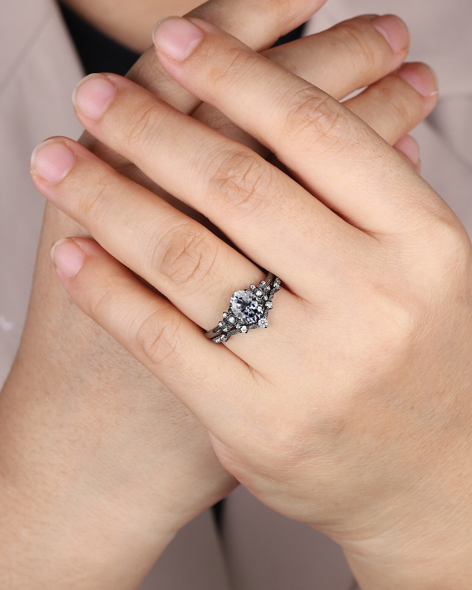 Gothic Oval Shape Gray Moissanite Engagement Ring Set, Black Gold ...