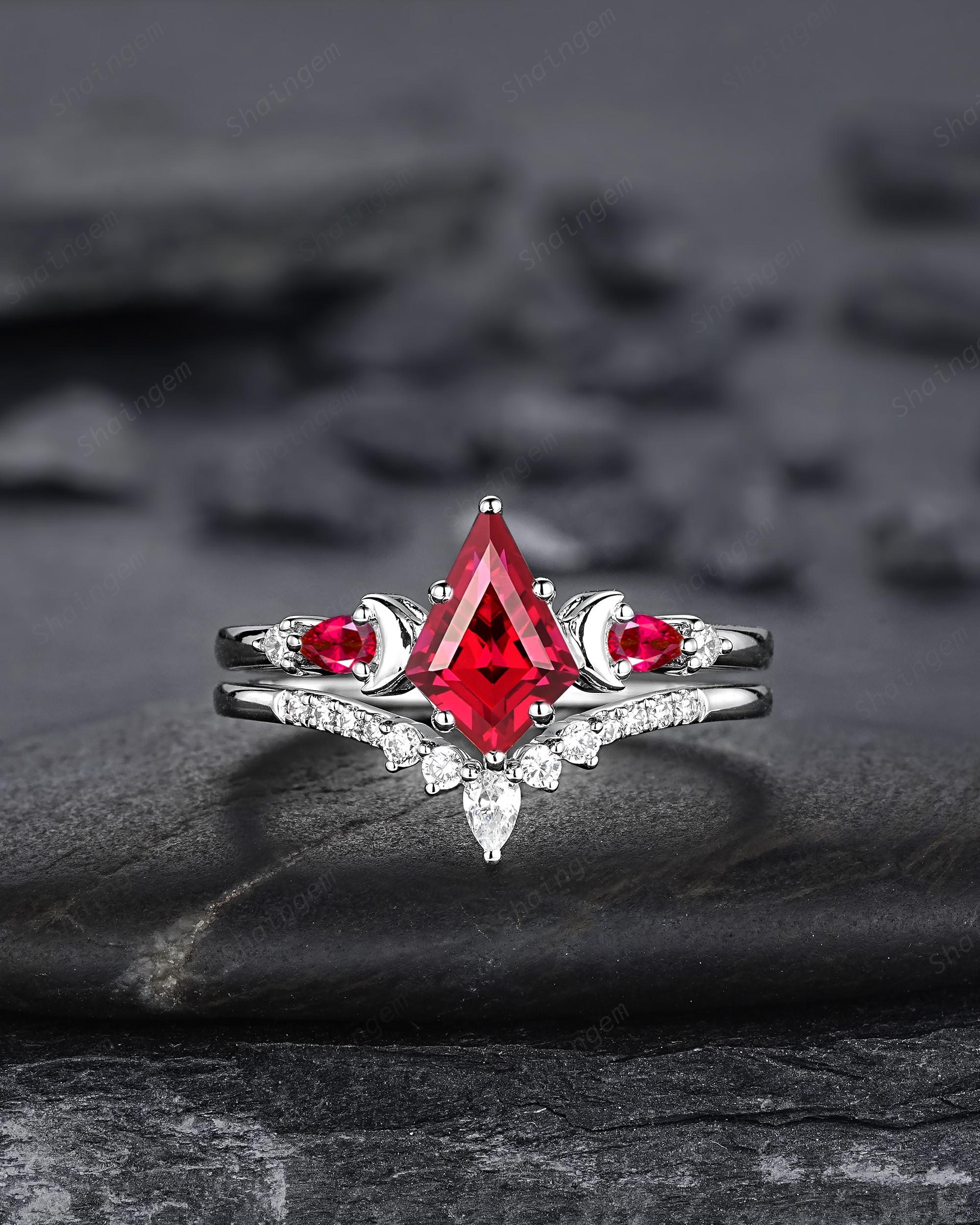 Platinum Kite Cut Ruby and Diamond Engagement Ring Set, Unique White ...