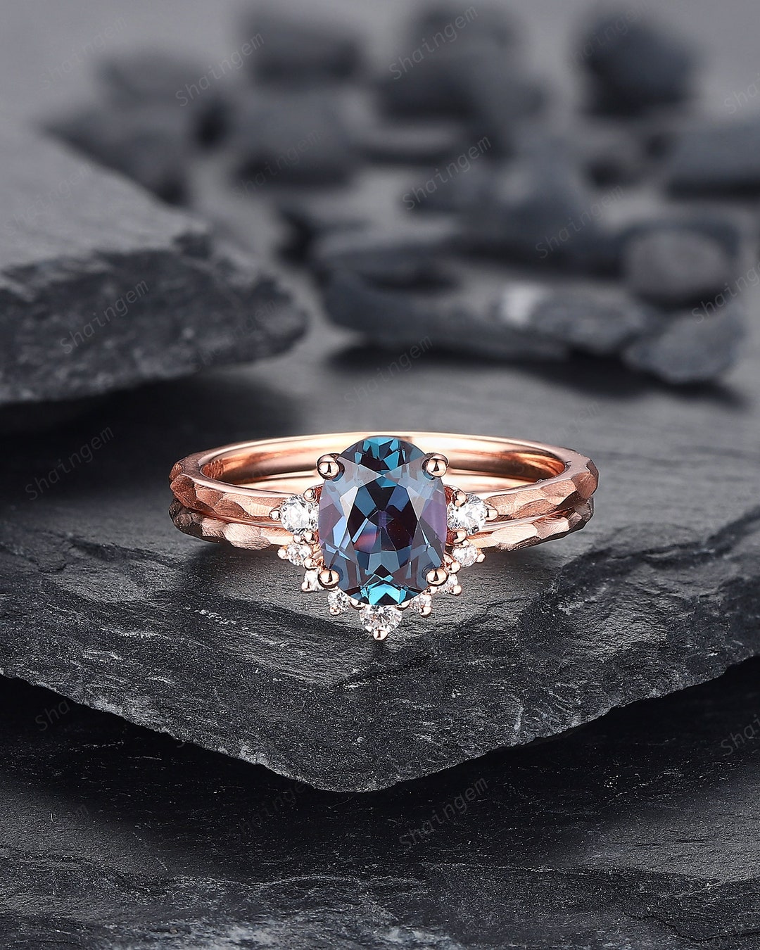 Unique Hammered Alexandrite Engagement Ring Set, Hand Forged 14K 18K ...