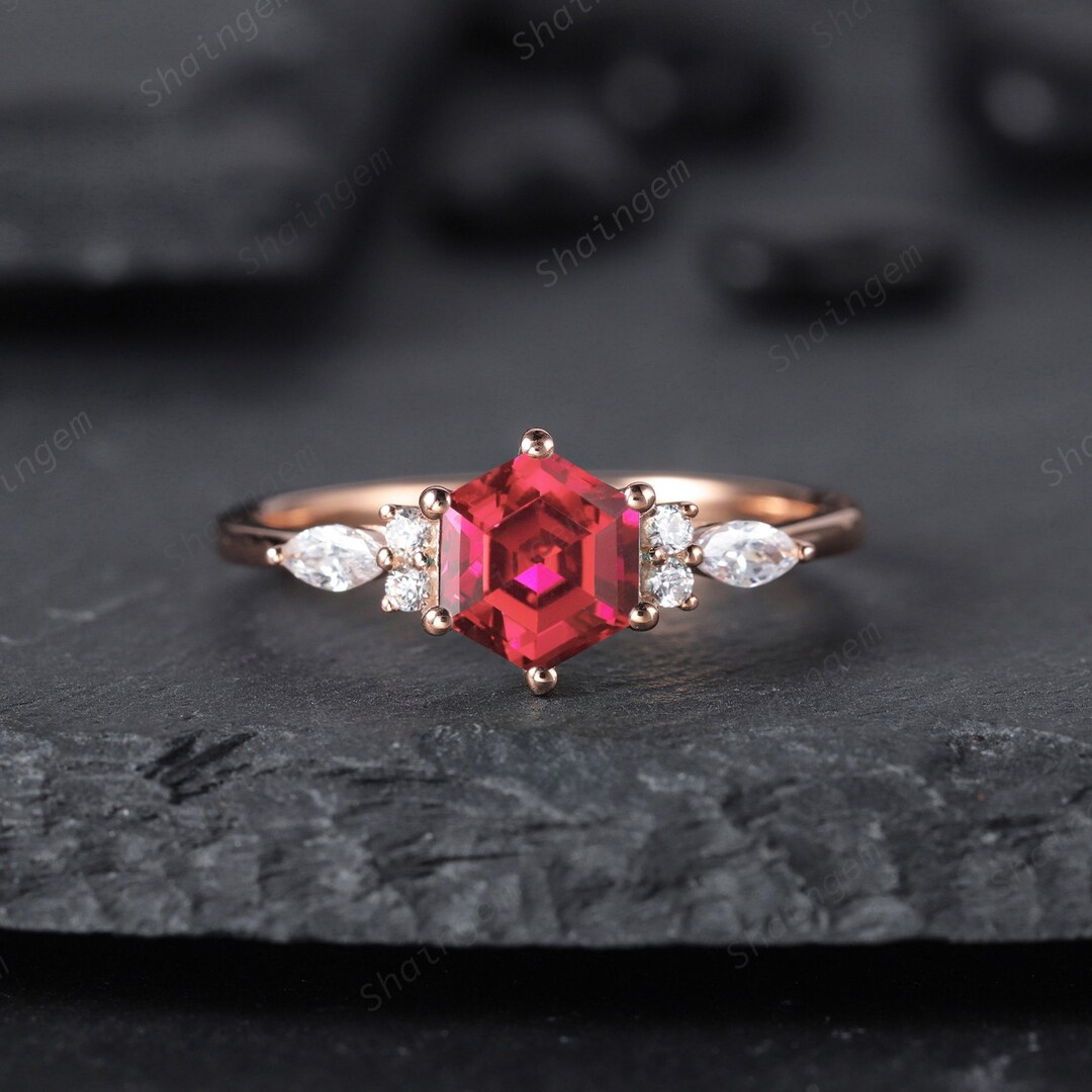 Unique Hexagon Ruby Engagement Ring, Vintage Ruby and Marquise Diamond ...
