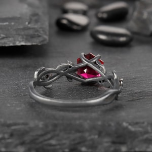 Black Gold Finish Hexagon Ruby Engagement Ring, Rhodium Black Leaf Twig ...