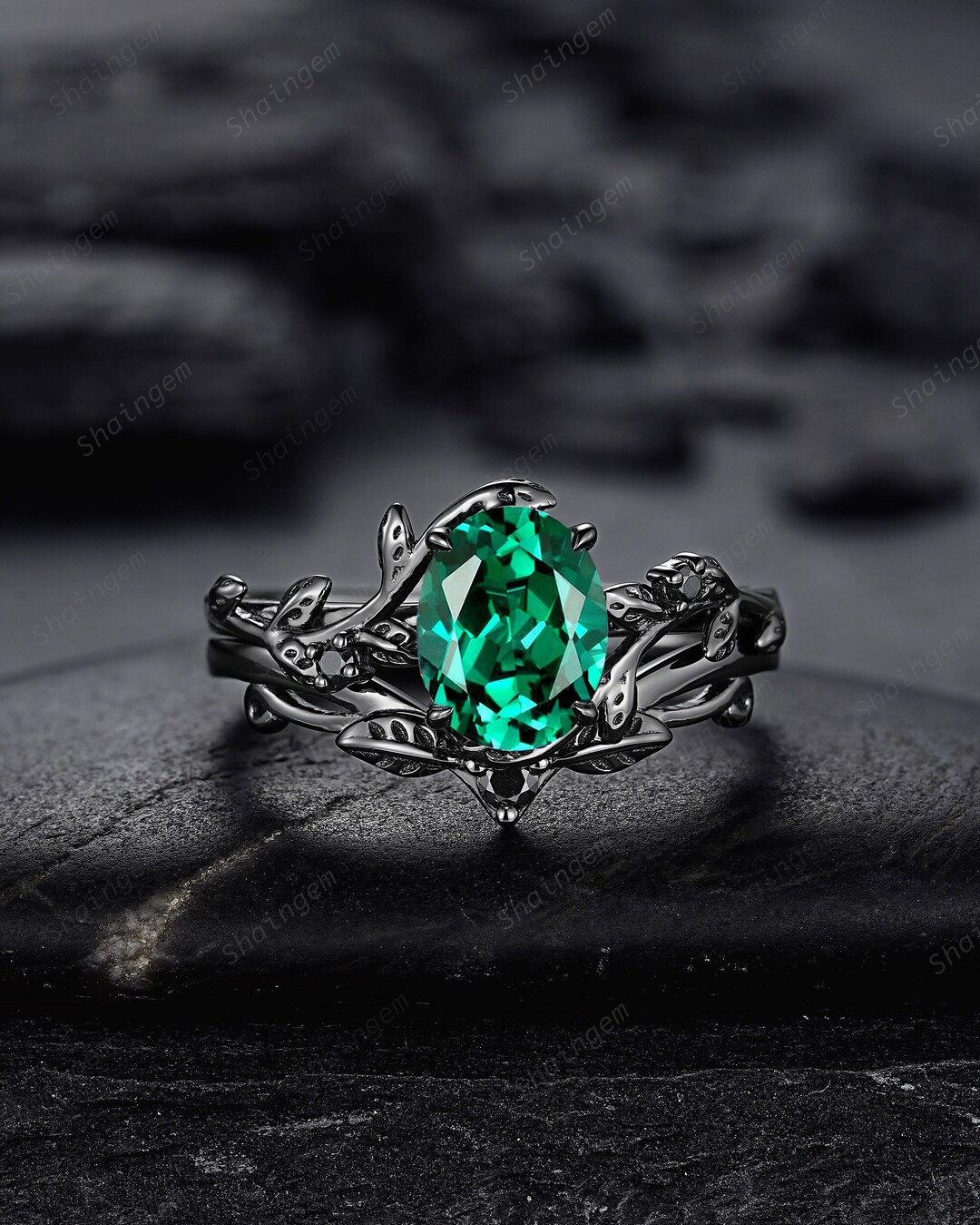 Nature Inspired Black Gold Emerald Engagement Ring Set, Rhodium Black ...