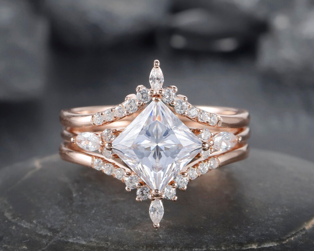 Unique Princess Cut Moissanite Bridal Set, Vintage Moissanite ...