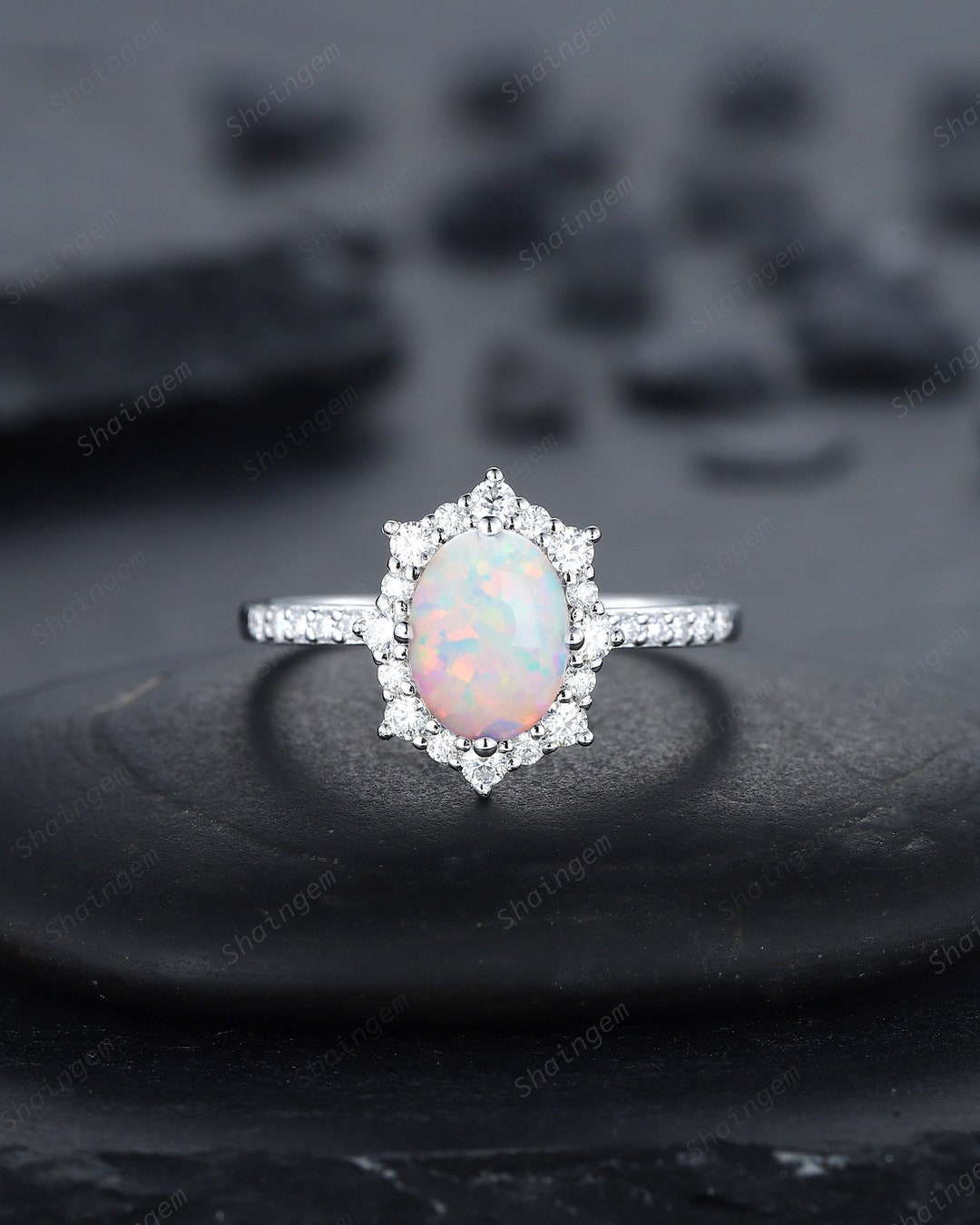 Vintage White Fire Opal Engagement Ring, Unique Oval Cut Opal White ...