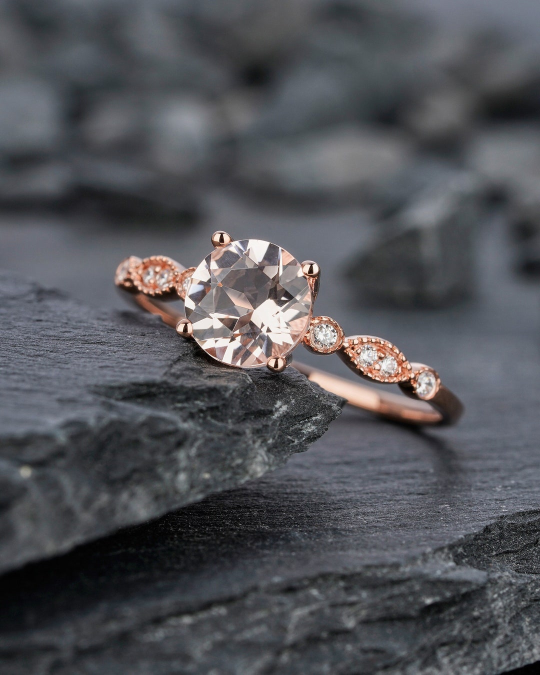 Unique Natural Peach Morganite Engagement Ring, Vintage Round Pink ...