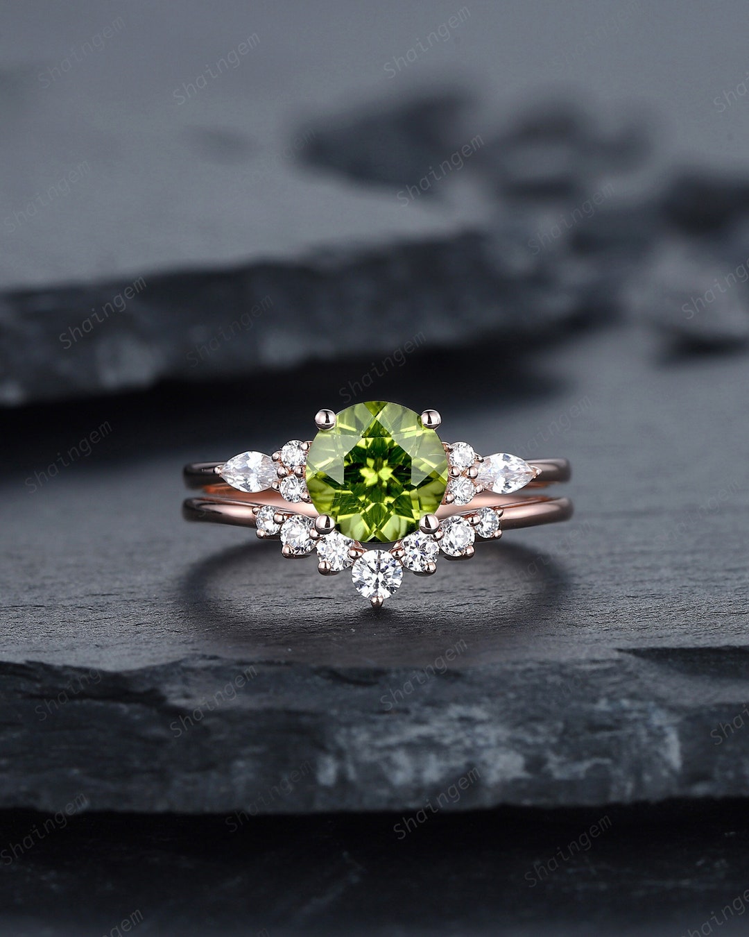 Vintage Round Peridot and Moissanite Engagement Ring Set, Unique Rose ...