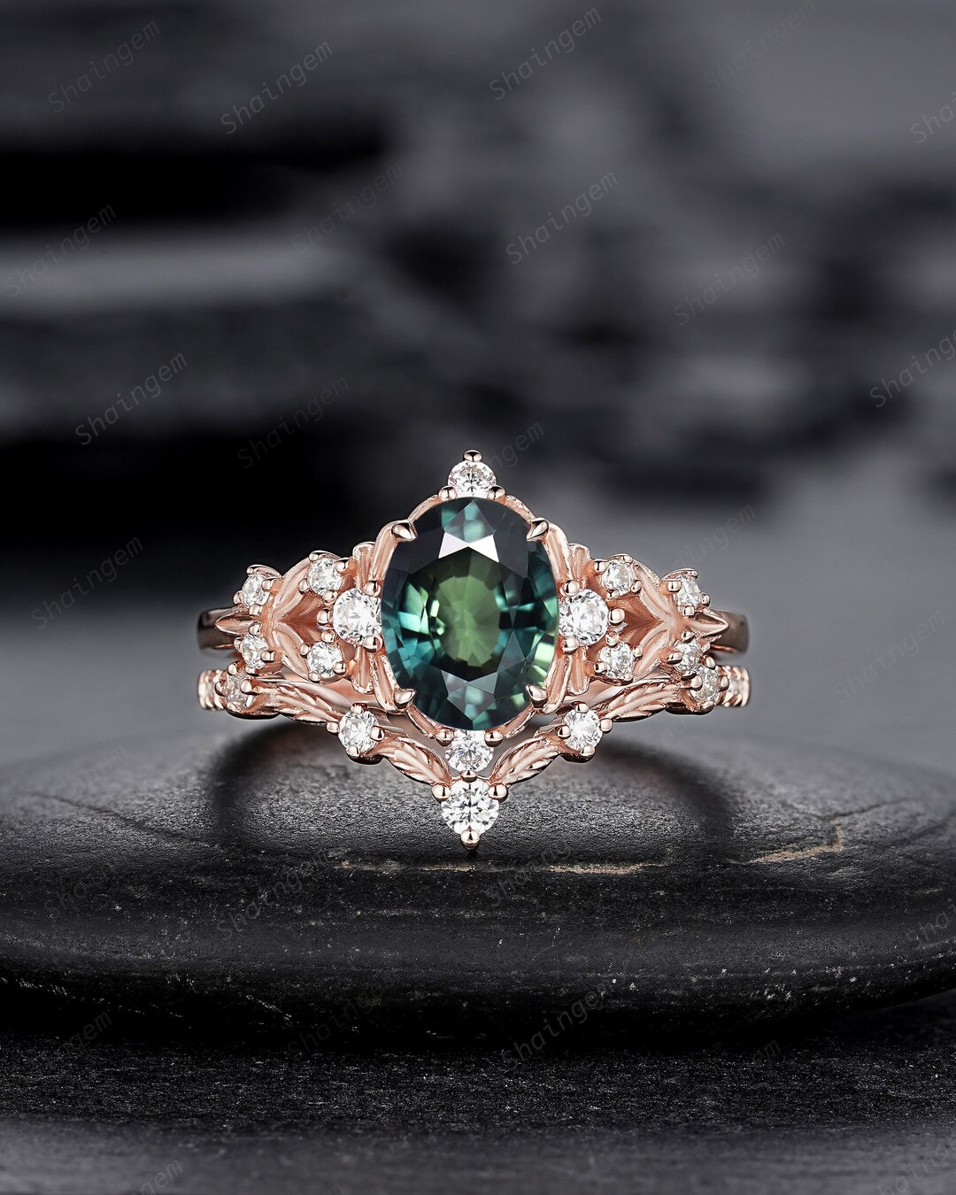 Vintage Natural Teal Sapphire and Diamond Engagement Ring Set, 14K 18K ...