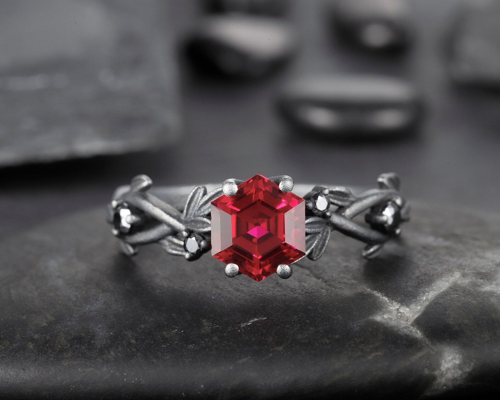 Black Gold Finish Hexagon Ruby Engagement Ring Rhodium Black - Etsy