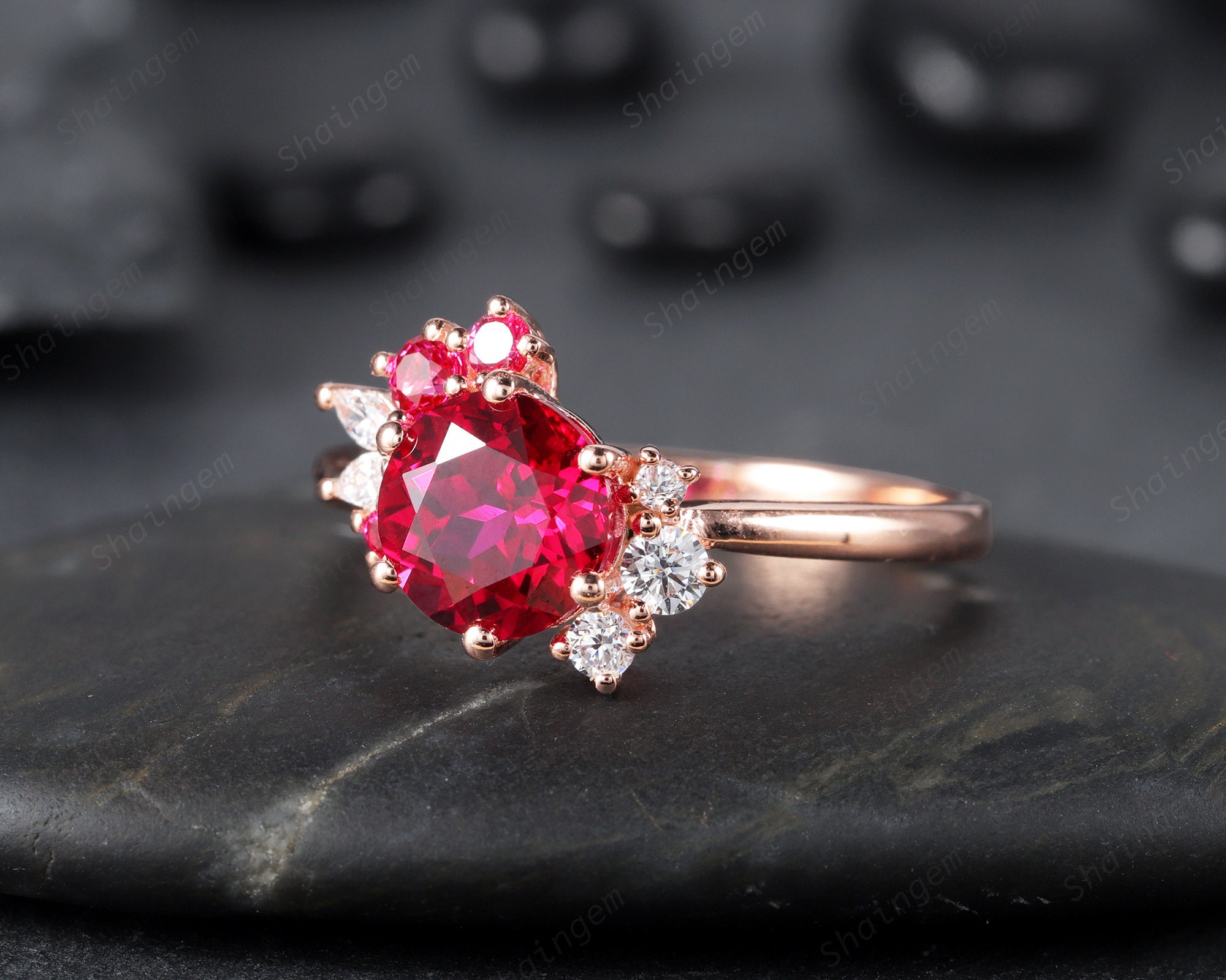 Vintage Round Ruby Engagement Ring Art Deco Ruby Cluster - Etsy