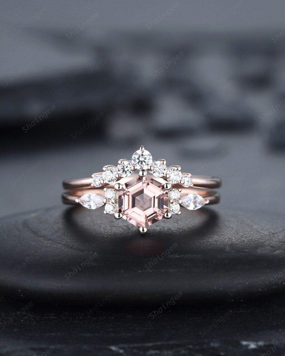 Unique Hexagon Pink Morganite Engagement Ring Set, Vintage Morganite and Diamond Wedding Ring ...