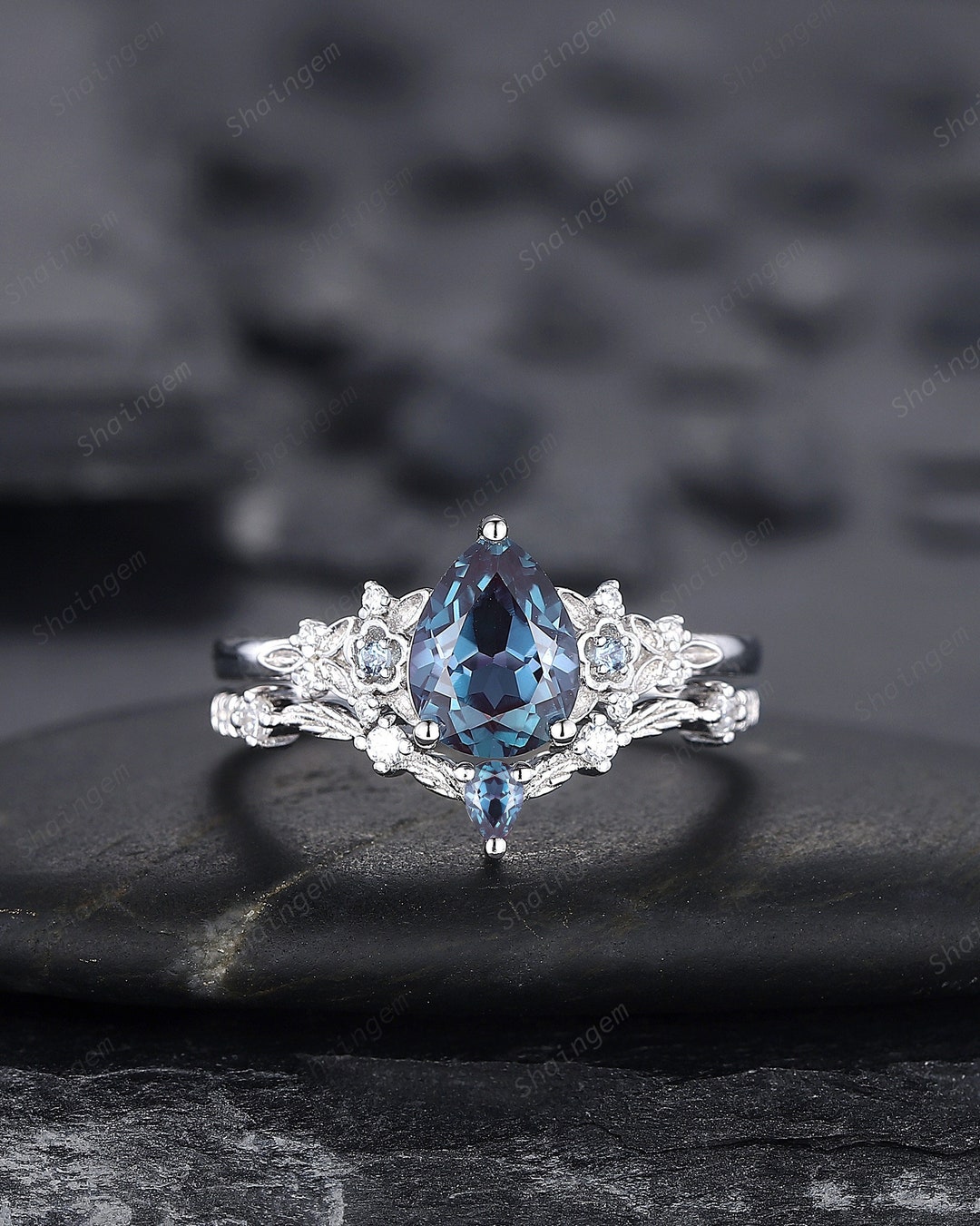 Pear Shape Alexandrite Engagement Ring Set, Solid White Gold Floral ...