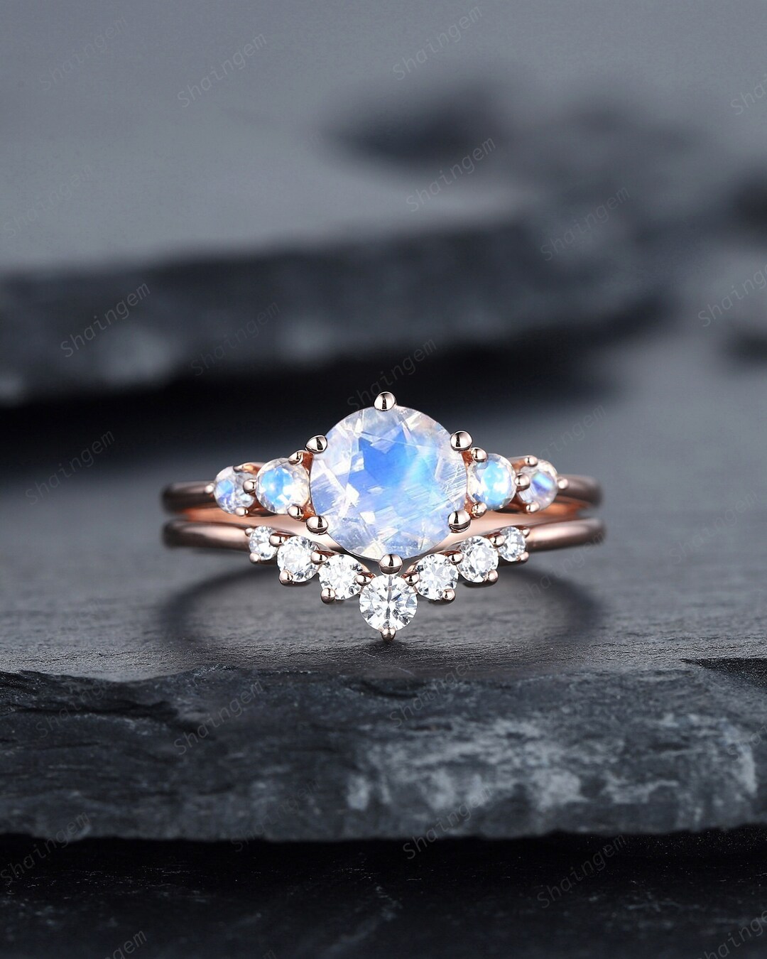 Vintage Round Moonstone Engagement Ring Set, Unique 14K Rose Gold ...