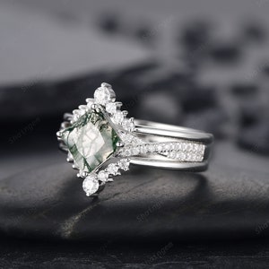 3PCS Princess Cut Moss Agate Engagement Ring, Platinum Moss Agate ...