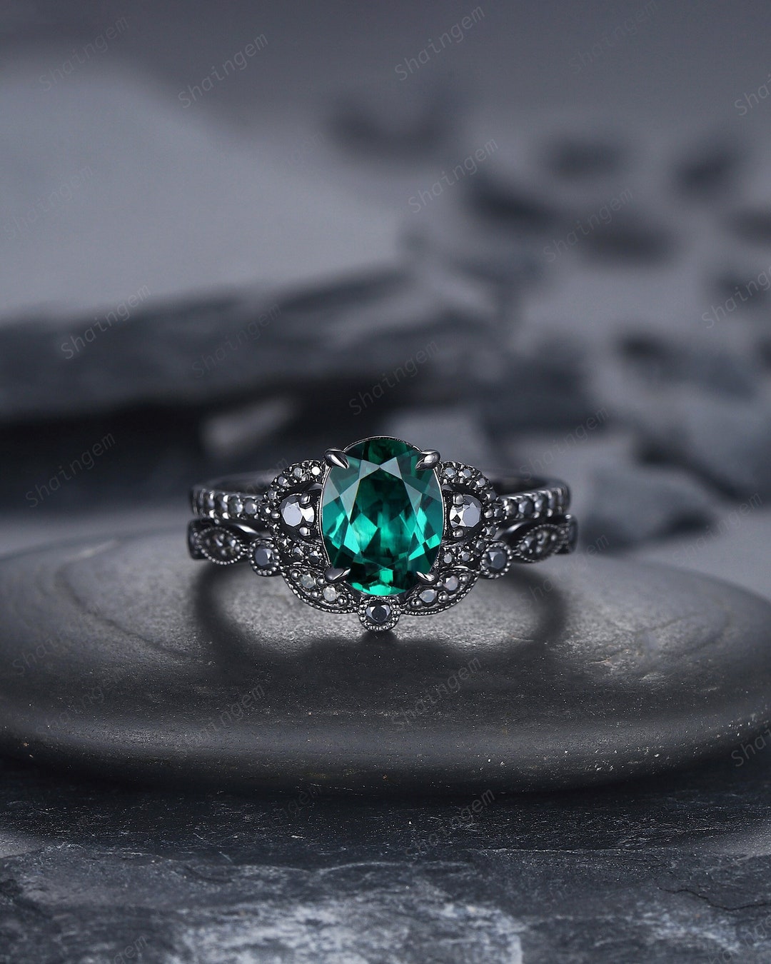 Vintage Oval Emerald Engagement Ring Set 18K Black Gold Vermeil and ...