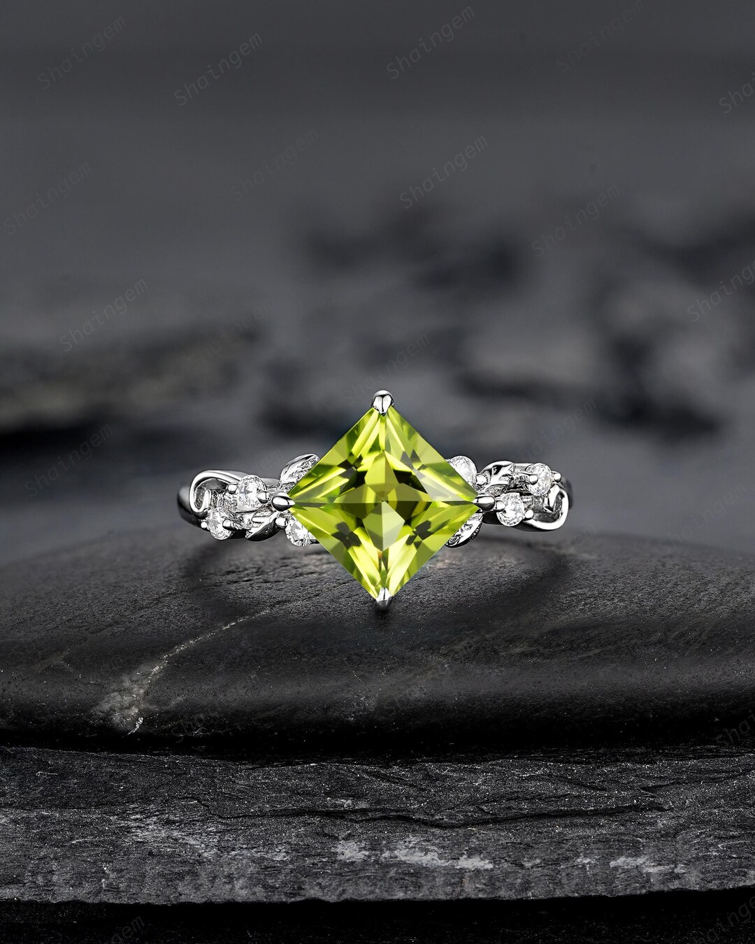Platinum Princess Cut Peridot Leaf Engagement Ring, White Gold August ...