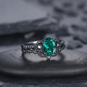 Vintage Oval Emerald Engagement Ring Set 18K Black Gold Vermeil and ...
