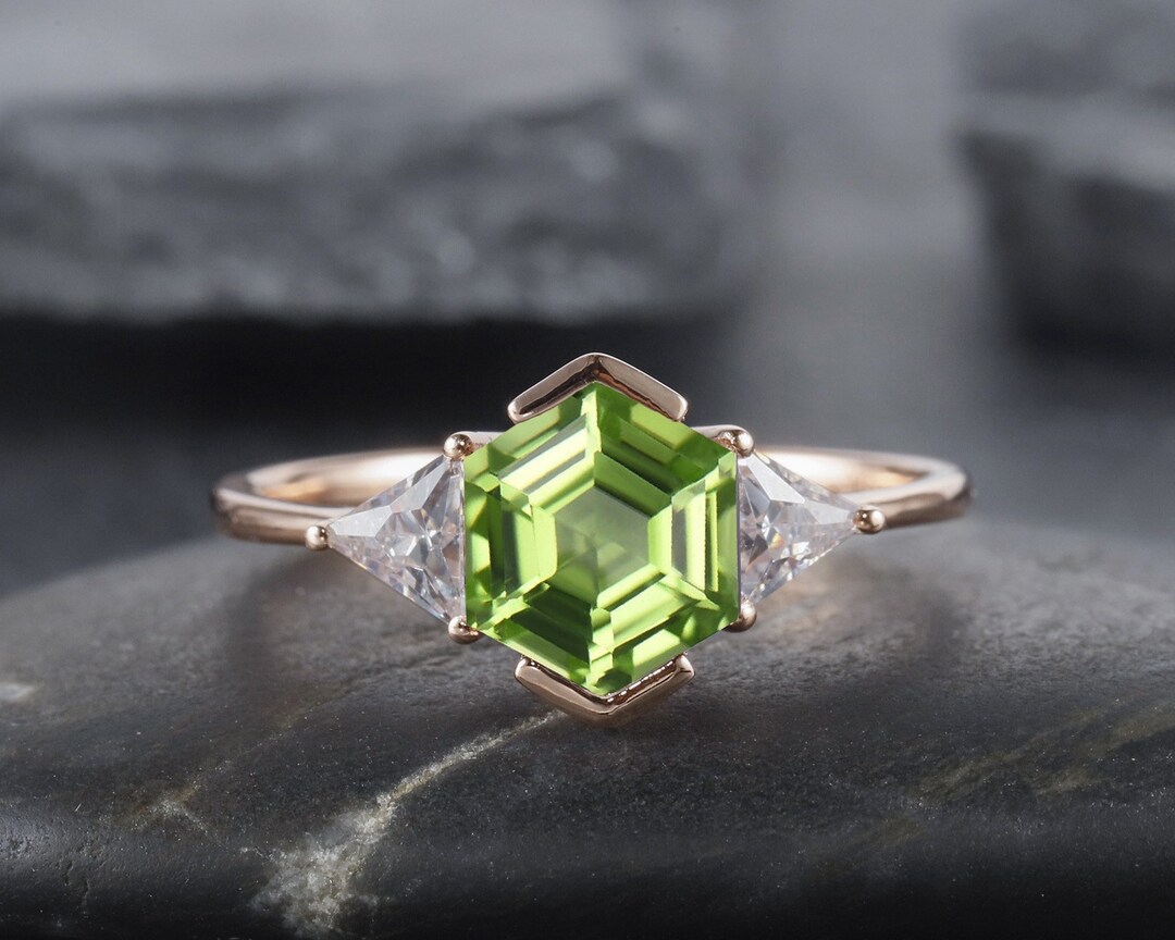 Unique Hexagon Cut Peridot and Triangle Moissanite Engagement Ring ...