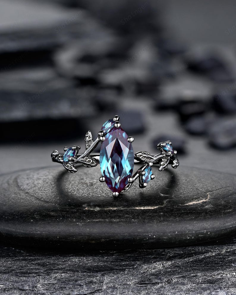 Gothic Marquise Alexandrite Engagement Ring Set, Black Gold Promise ...