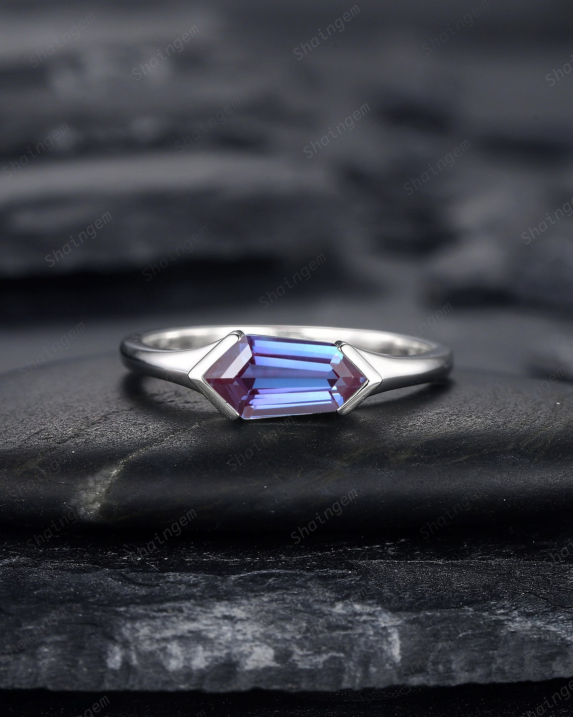 Unique Shield Shape Alexandrite Engagement Ring, Solid White Gold ...