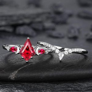Platinum Kite Cut Ruby and Diamond Engagement Ring Set, Unique White ...