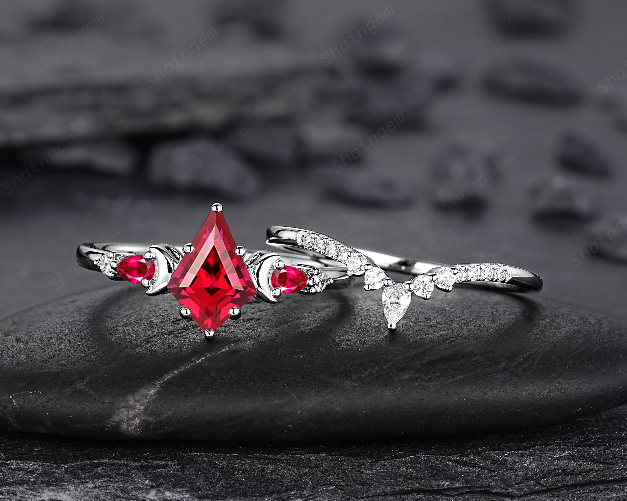 Platinum Kite Cut Ruby and Diamond Engagement Ring Set, Unique White ...