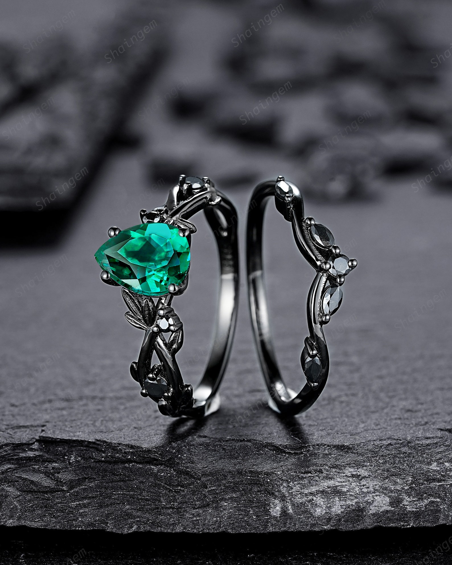 Punk Black Gold Pear Shape Emerald Engagement Ring, Rhodium Black Twig ...