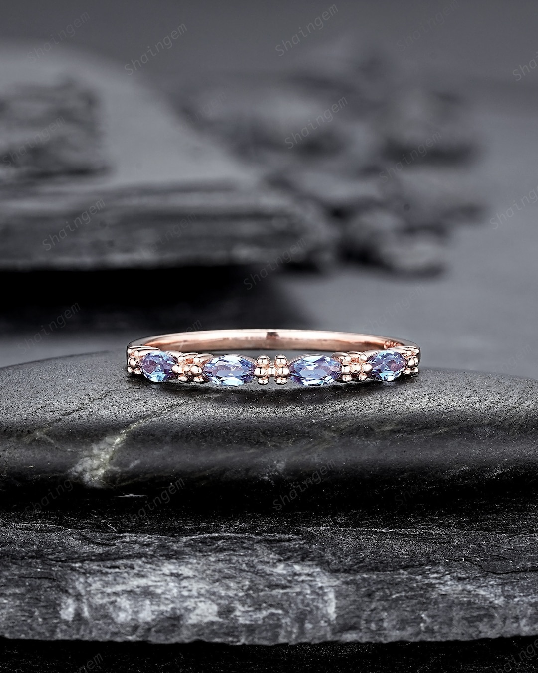 Marquise Alexandrite Wedding Band, 14K Rose Gold Engagement Band ...