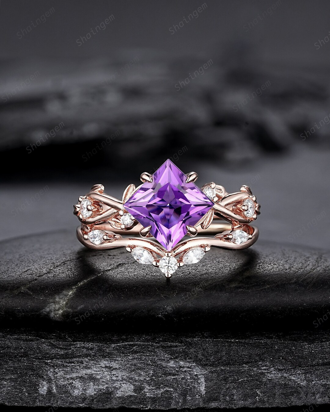 Vintage Princess Cut Amethyst Engagement Ring Set, Unique Rose Gold ...