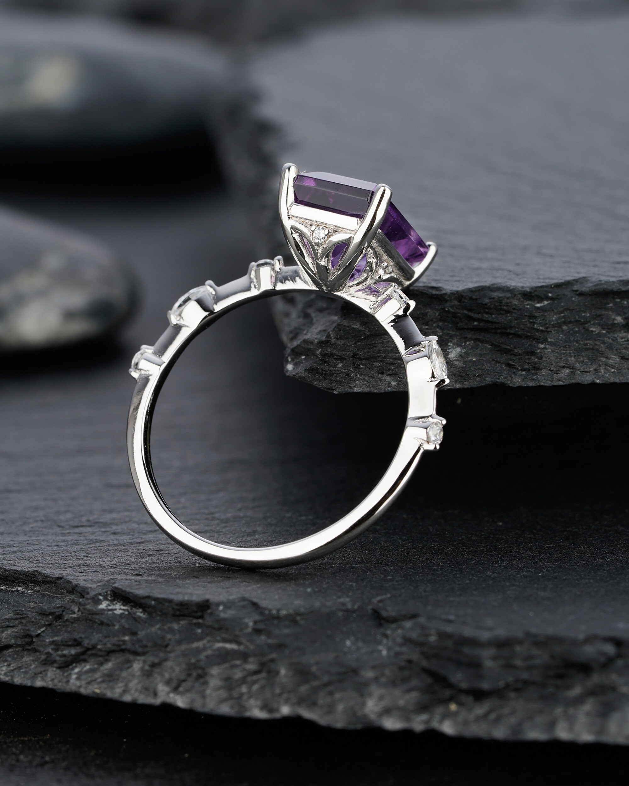 Vintage Emerald Cut Purple Amethyst Engagement Ring, Sterling Silver ...