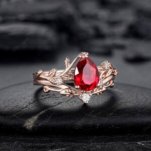 Nature Inspired Pear Shape Ruby Leaf Engagement Ring Set, 14K Rose Gold Twig Branch Promise Ring ...
