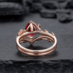 Nature Inspired Pear Shape Ruby Leaf Engagement Ring Set, 14K Rose Gold ...
