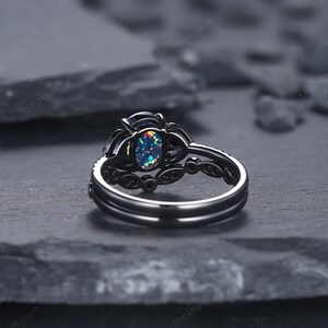 Oval Shape Black Fire Opal Engagement Ring Set, Black Gold Multi Fire ...