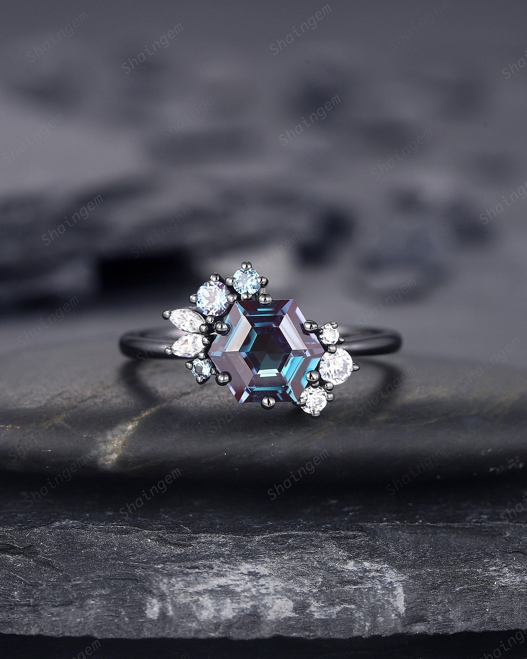 Hexagon Cluster Alexandrite Black Engagement Ring, Rhodium Black ...