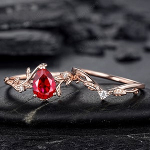 Nature Inspired Pear Shape Ruby Leaf Engagement Ring Set, 14K Rose Gold Twig Branch Promise Ring ...